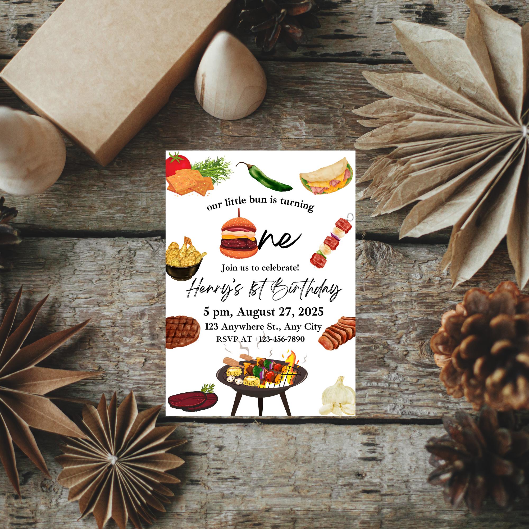 BBQ Burger 1st Birthday Invite, Bun 1st Turning ONE BBQ Summer Boy ...