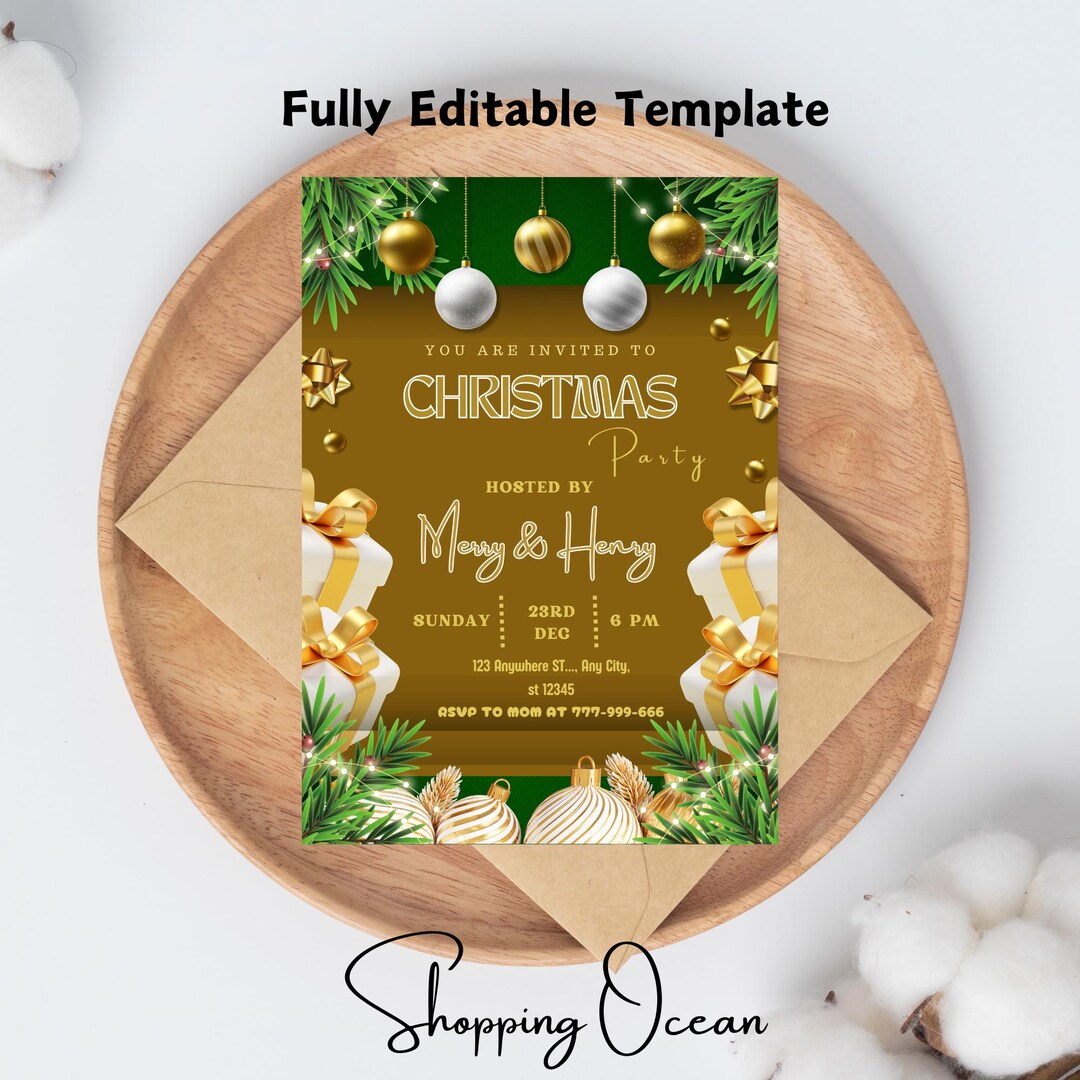 Modern Christmas Party Invitation Template, Holiday Party Invite, Gold ...