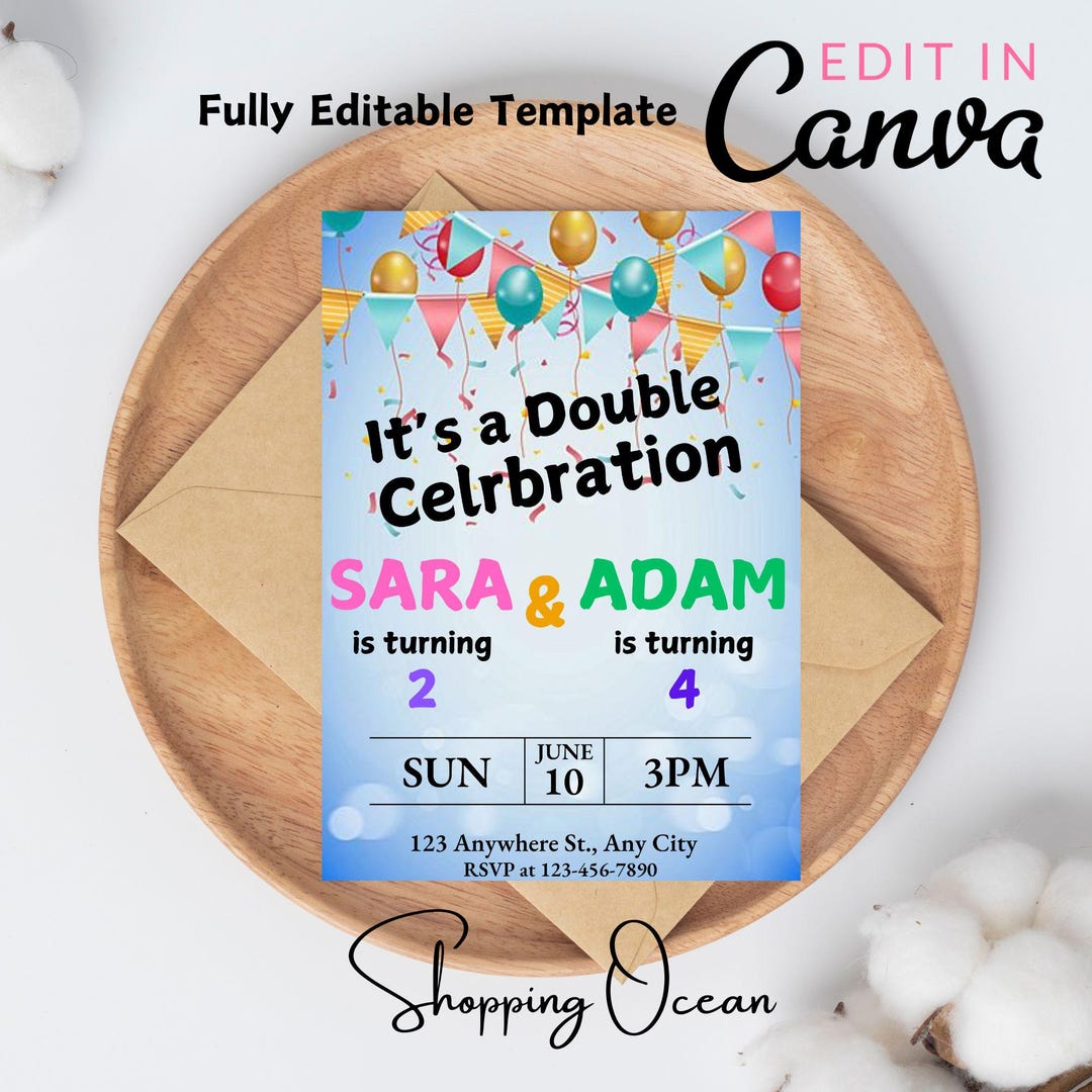 Editable Joint Birthday Party, Sibling Birthday Invitation, Double ...