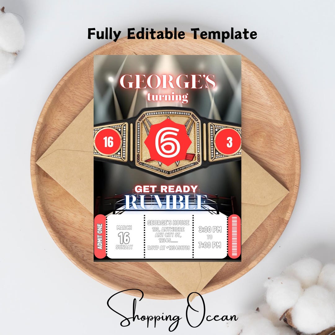 8TH Wrestling Birthday Invitation,editable Championship Beltboxing MMA ...