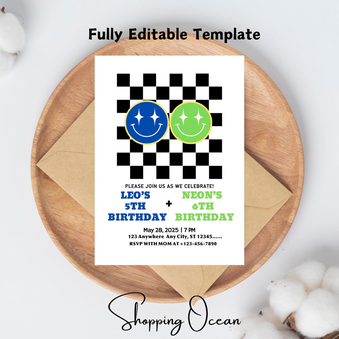 Checkered Smile Joint Birthday Invitation, Editable Checkered Smiley ...
