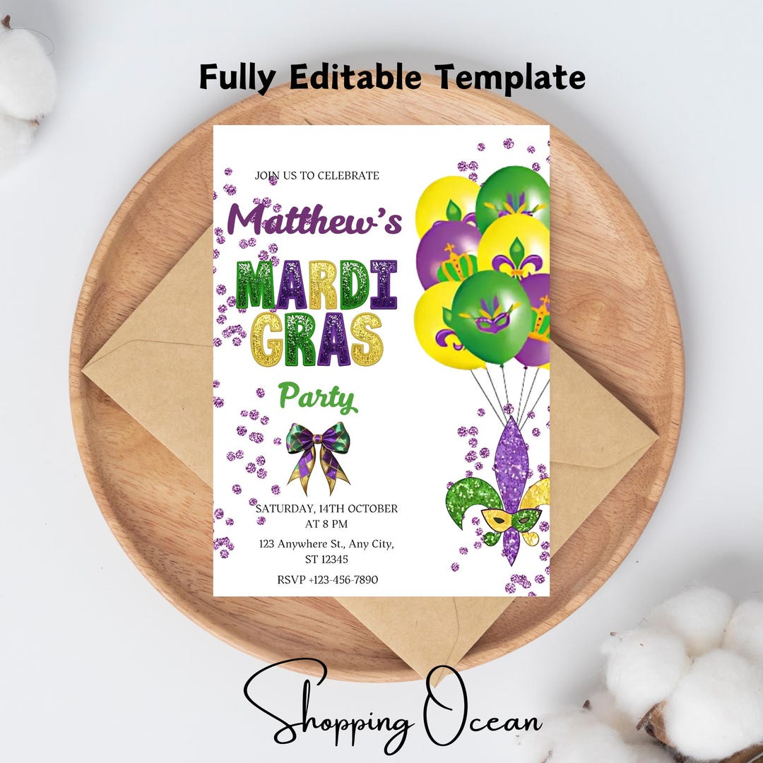 Editable Mardi Gras Party Invitation Template, Instant Download ...