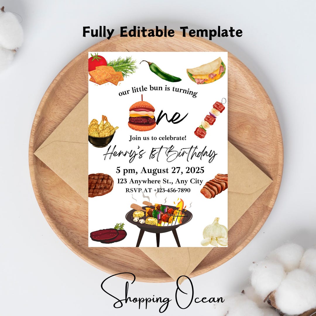 BBQ Burger 1st Birthday Invite, Bun 1st Turning ONE BBQ Summer Boy ...