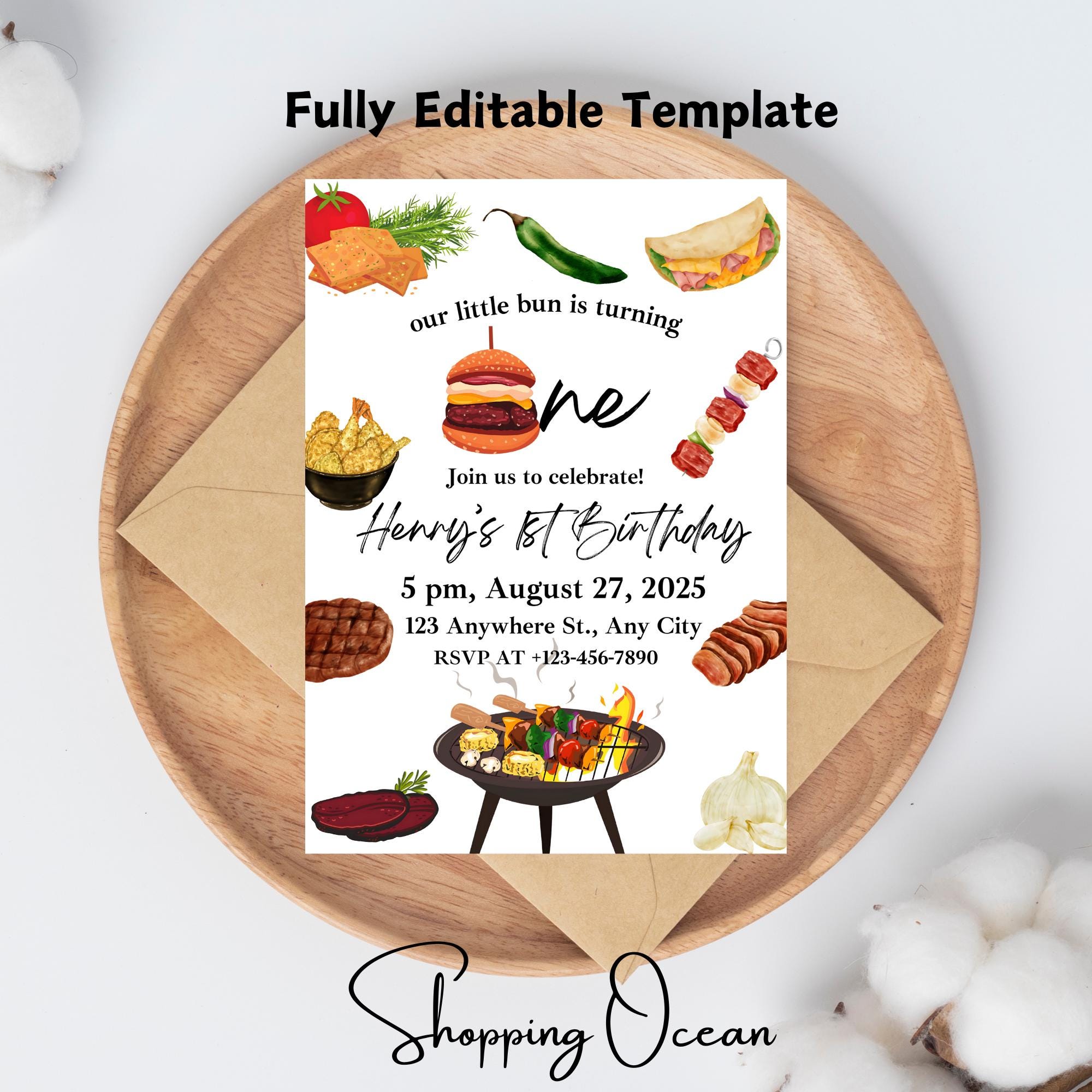 BBQ Burger 1st Birthday Invite, Bun 1st Turning ONE BBQ Summer Boy ...