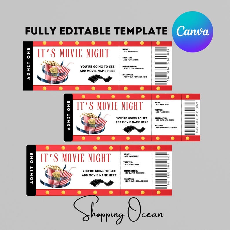 Printable MOVIE Gift Tickets. Cinema Themed Gift Reveal Ticket ...