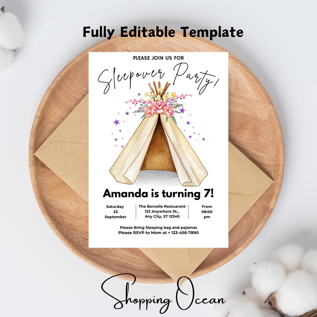 Sleepover Birthday Minimalist Invitation Set Slumber Party Invite Girl ...