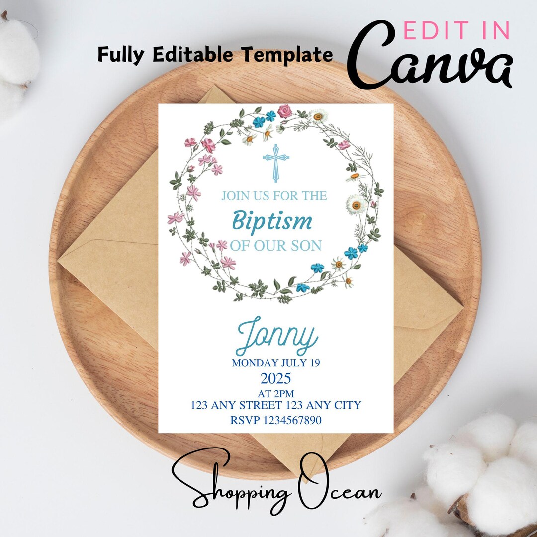 Digital Baptism Text Invitation Template, Rustic Blue Flowers, Pink ...