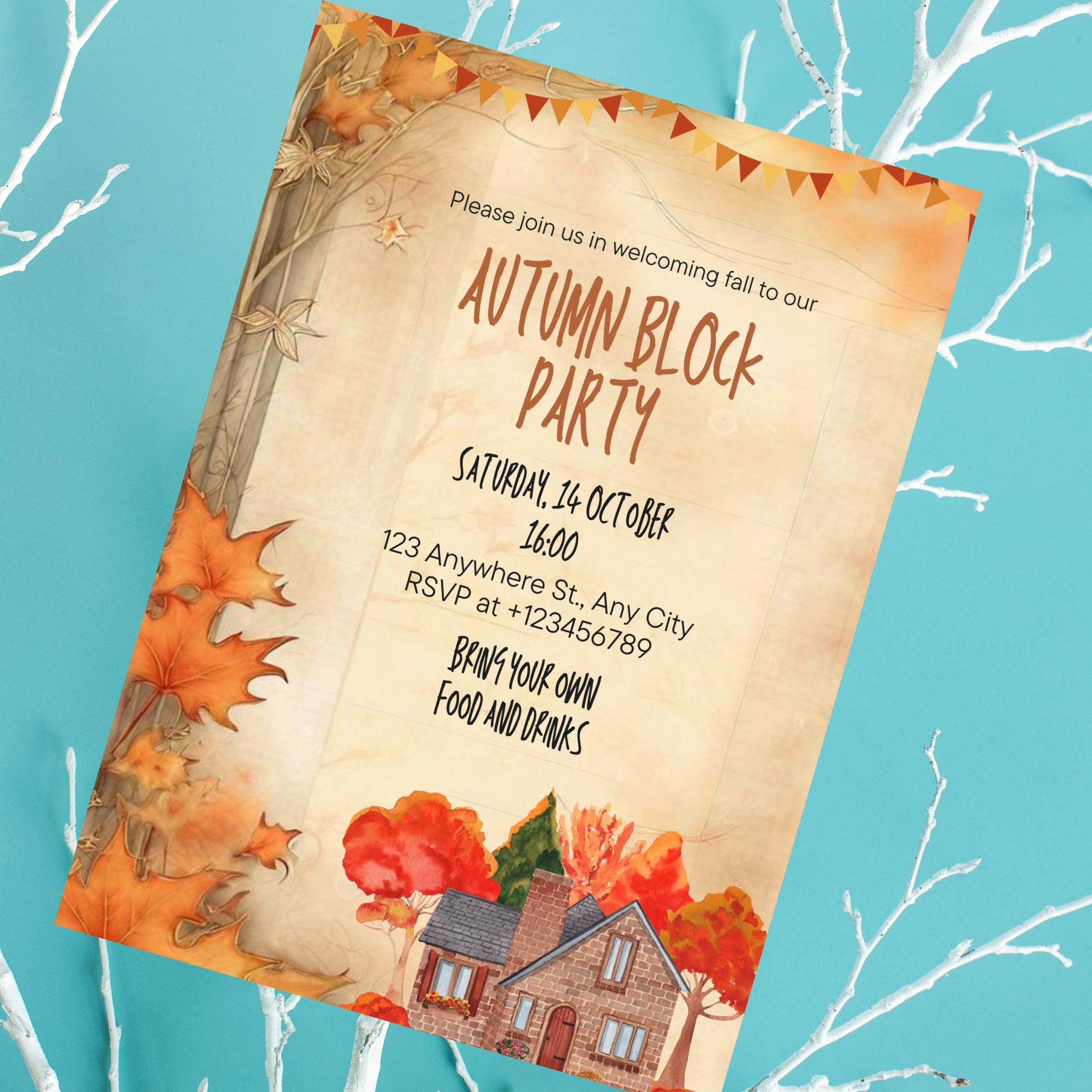 Editable Autumn Fall Block Party Flyer Invitation Template for Autumn ...