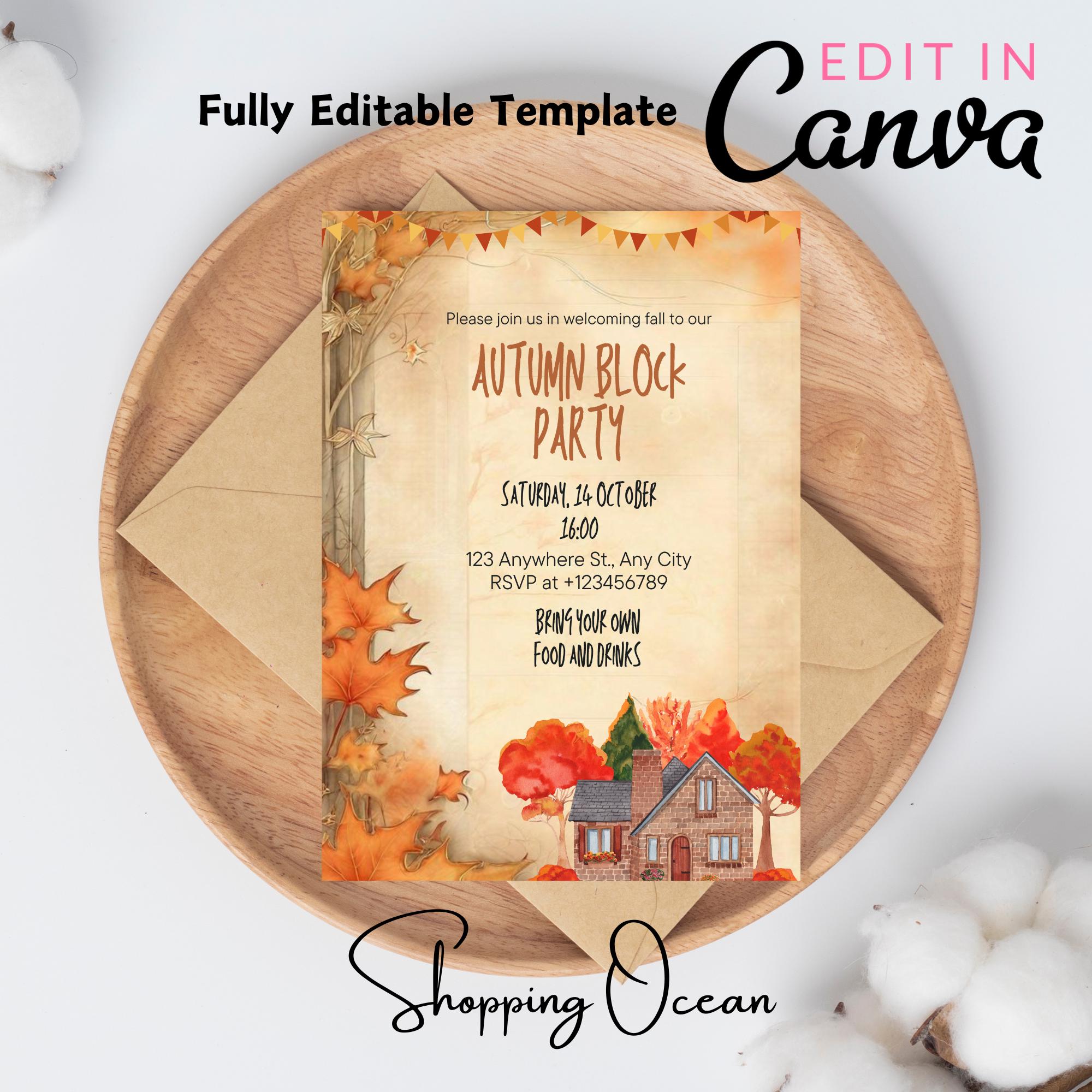 Editable Autumn Fall Block Party Flyer Invitation Template for Autumn ...