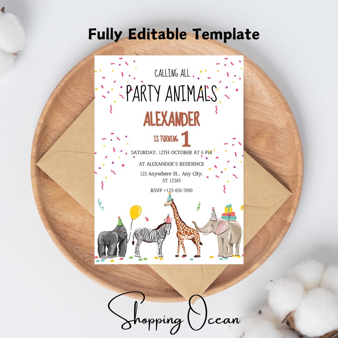 Party Animals Birthday Invitation Card , Wild One Animals Invitation ...