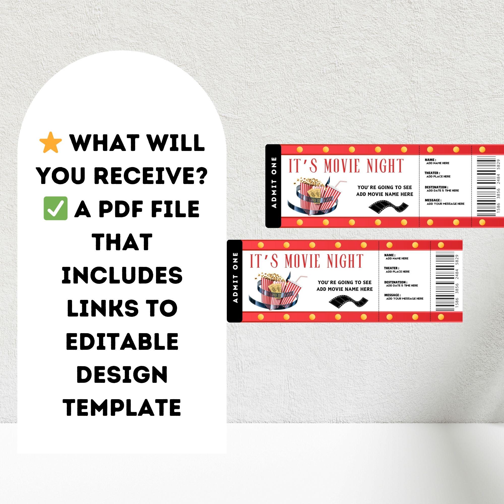 Printable MOVIE Gift Tickets. Cinema Themed Gift Reveal Ticket ...
