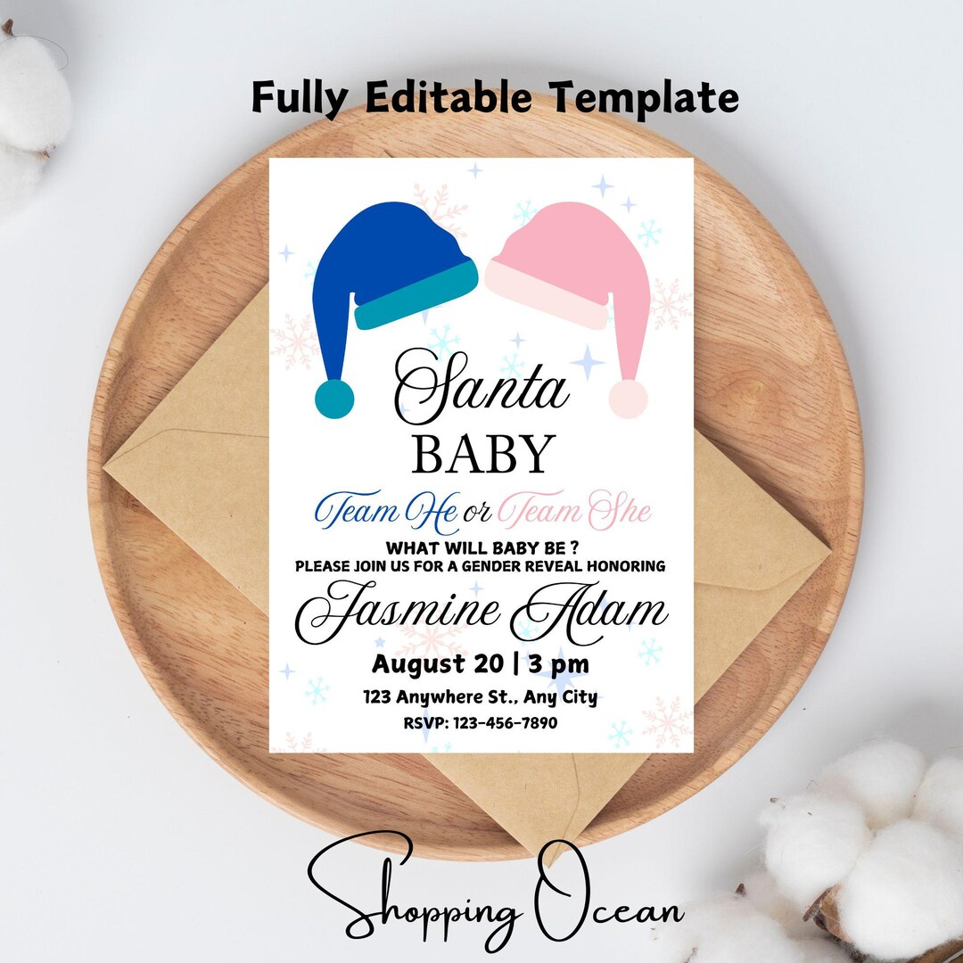 Santa Baby Gender Reveal Invitation, Editable Christmas Gender Reveal ...