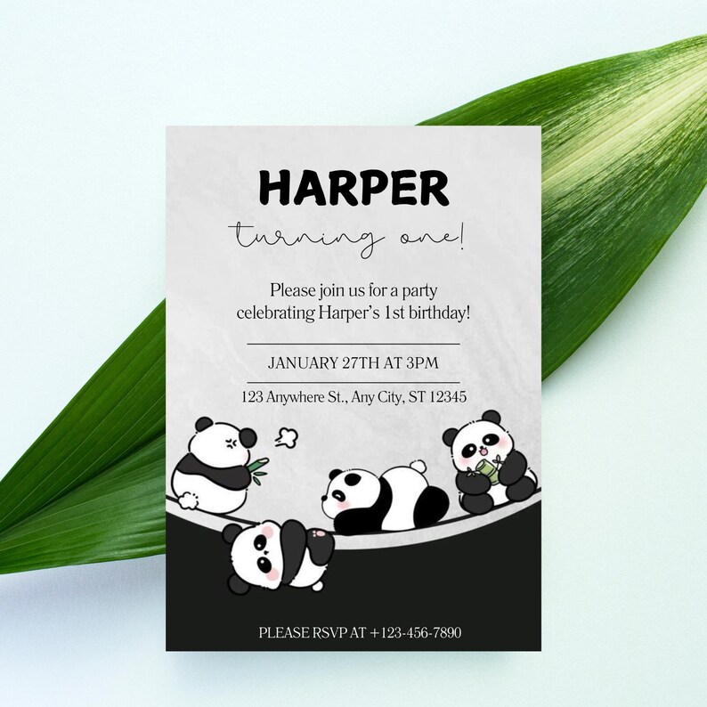 Editable Panda Birthday Invitation, Black Digital White Pink Birthday ...