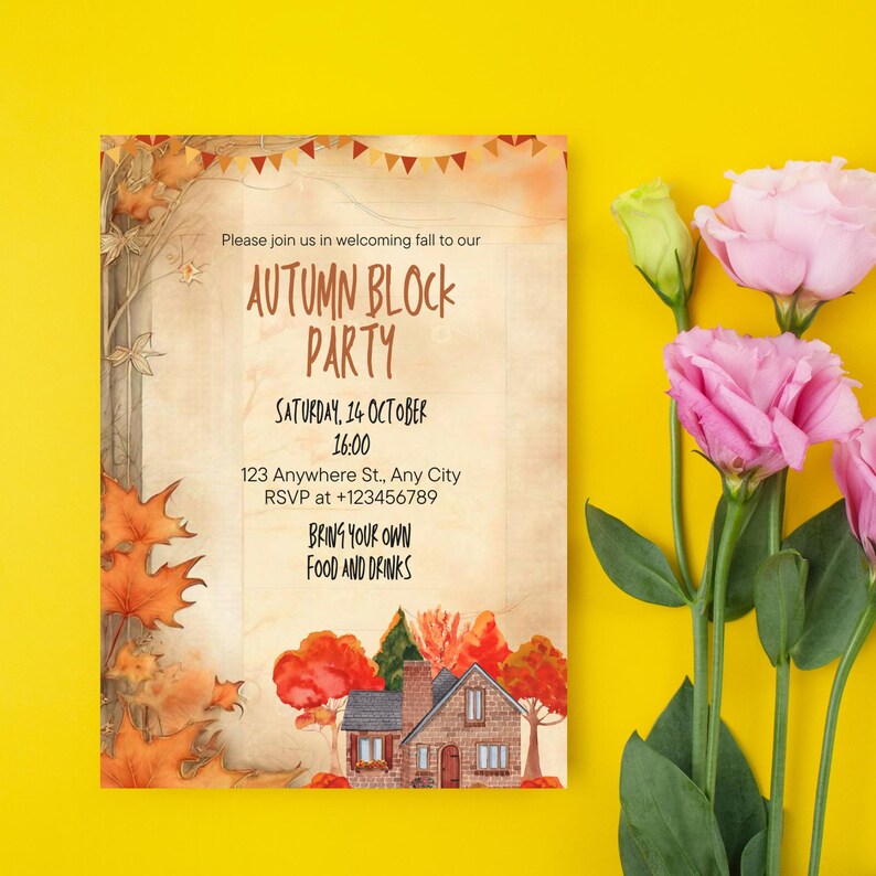 Editable Autumn Fall Block Party Flyer Invitation Template for Autumn Neighborhood Party, Canva ...