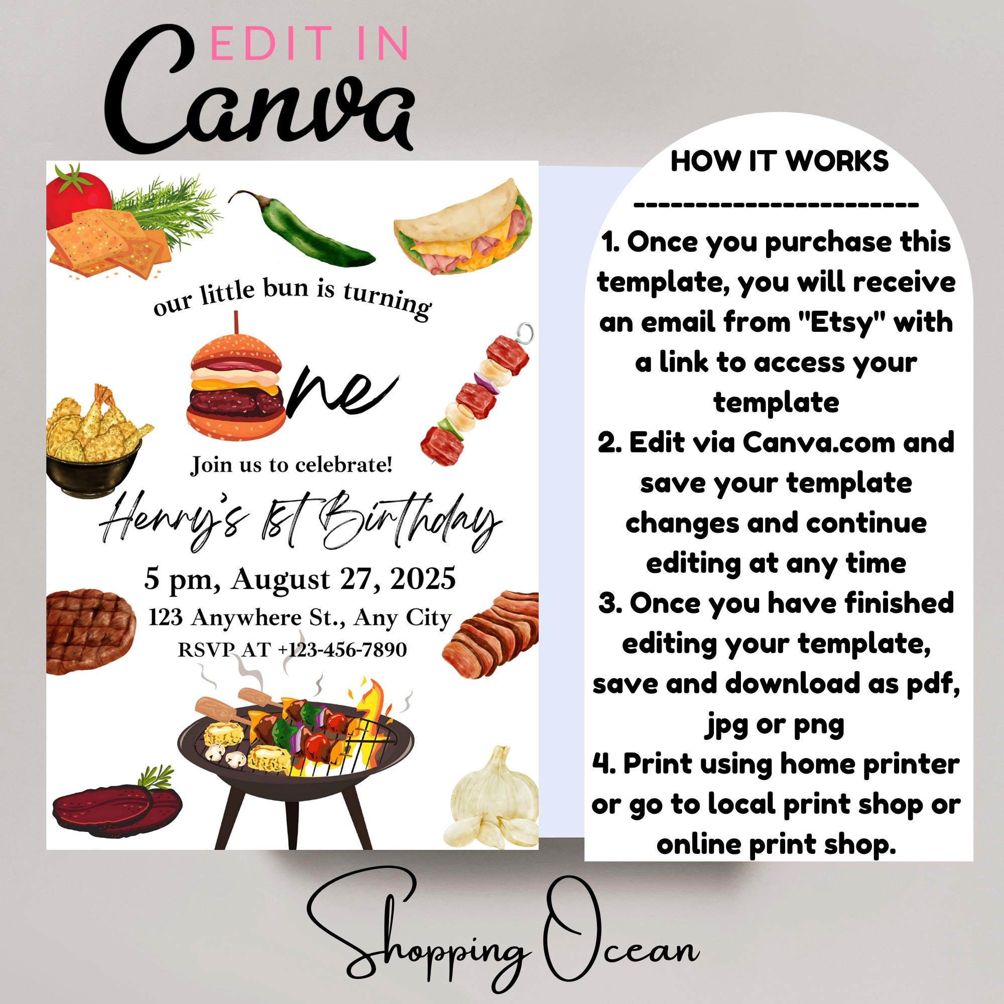 BBQ Burger 1st Birthday Invite, Bun 1st Turning ONE BBQ Summer Boy ...