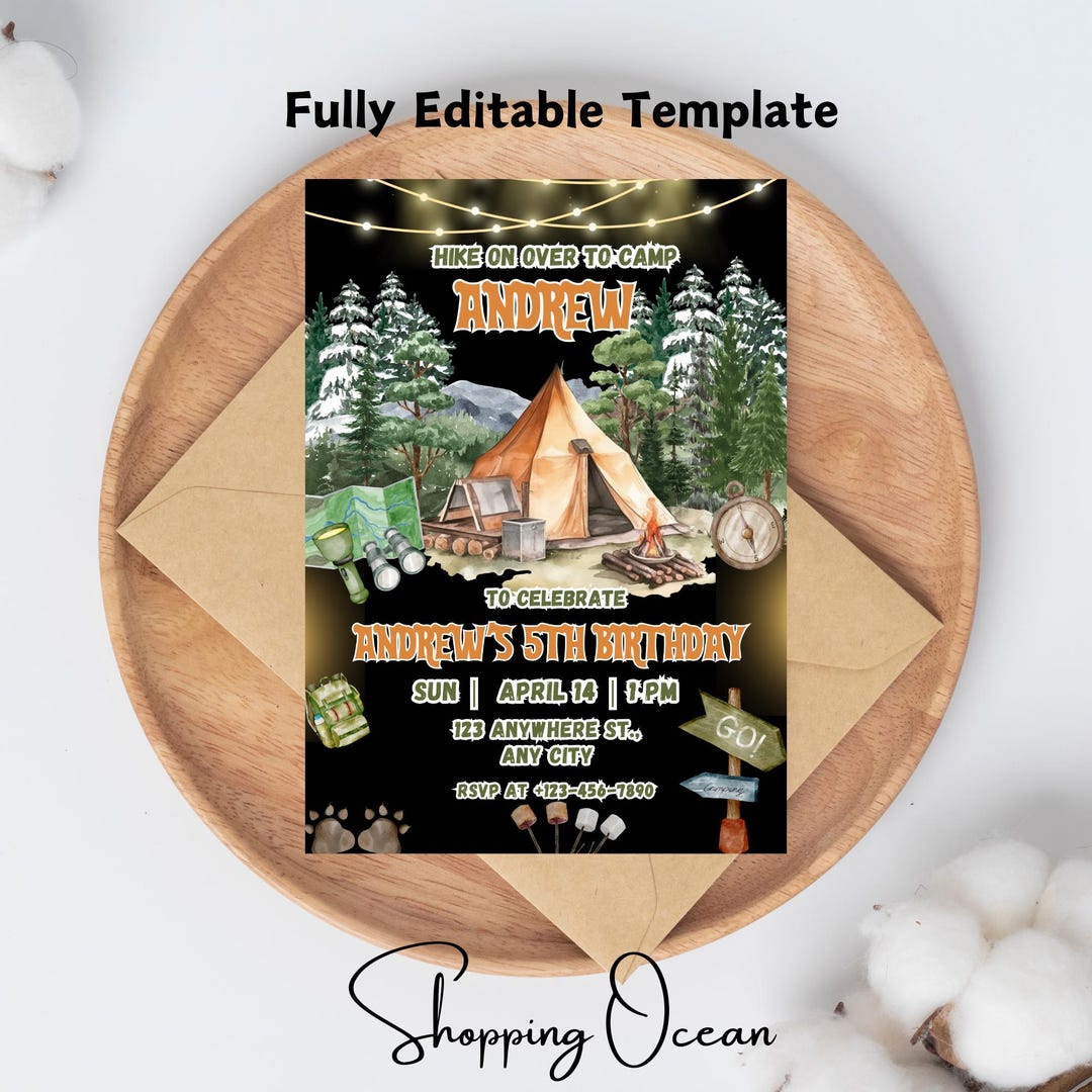 Camping Birthday Invitation Template, Camping Party Invitation, Camp ...