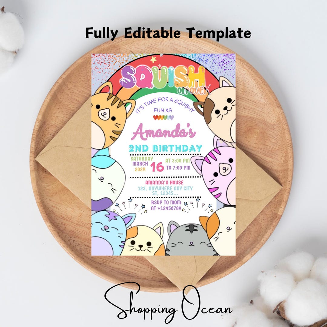 Editable Squishmallow Birthday Invitation, Squishmallow Invitation ...