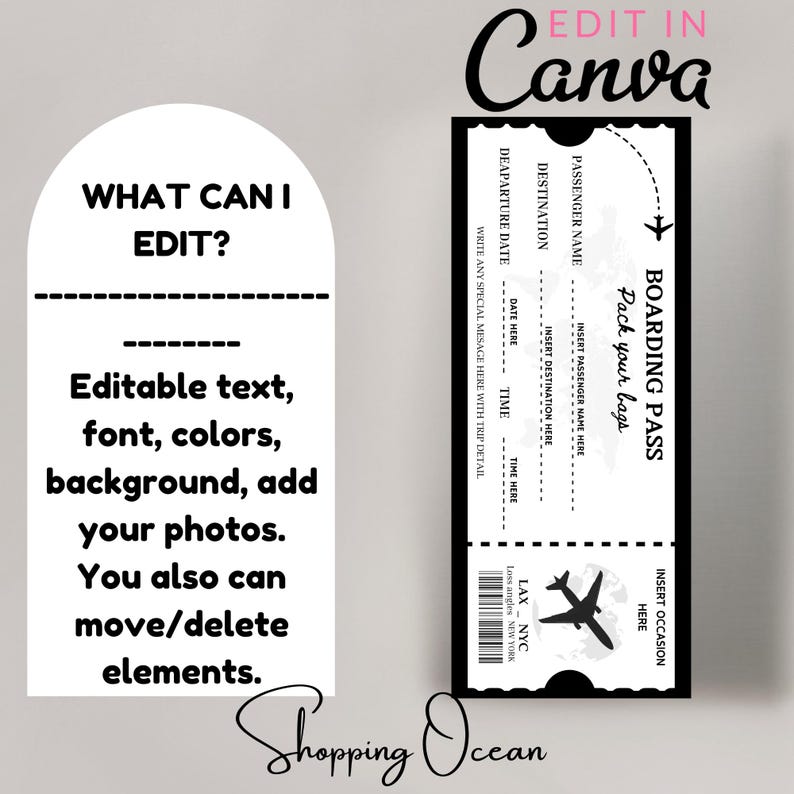 Boarding Pass Canva Template, Editable Boarding Ticket, Custom Airplane ...