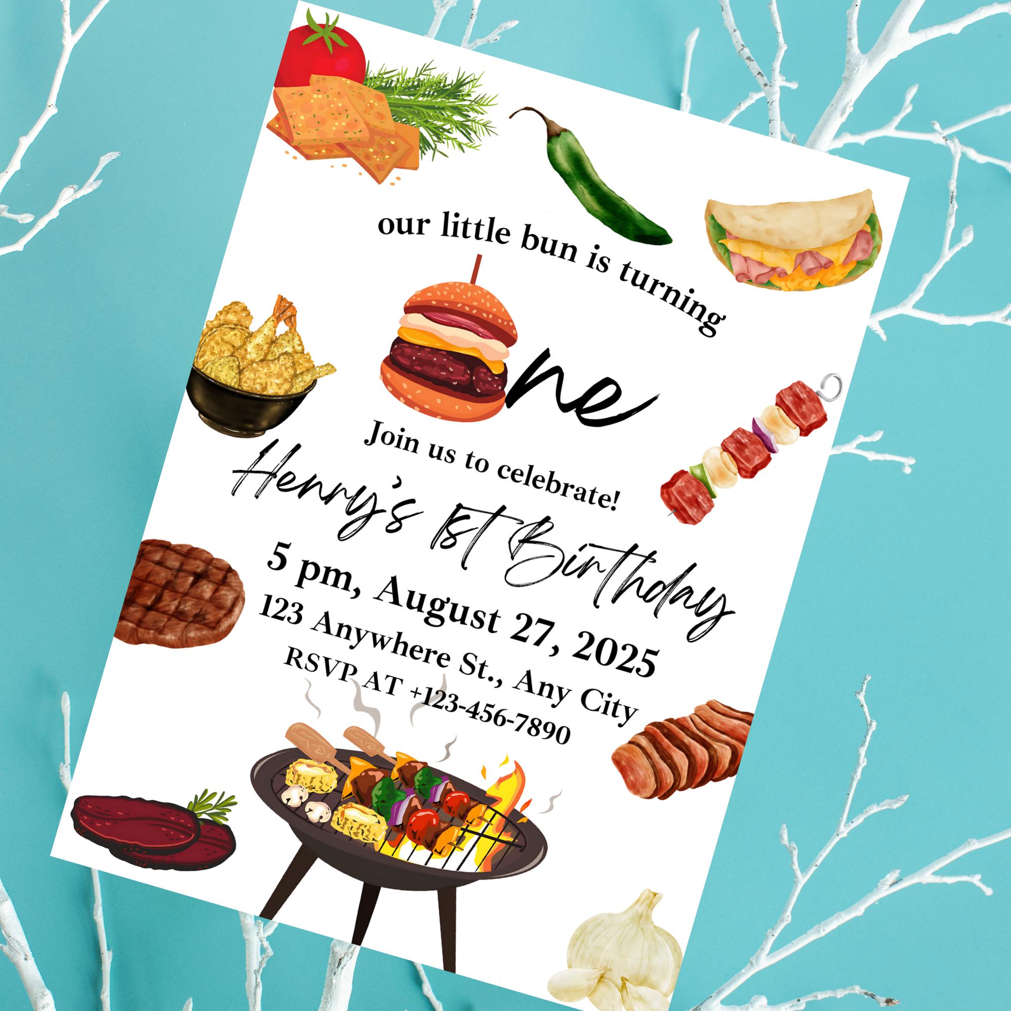 BBQ Burger 1st Birthday Invite, Bun 1st Turning ONE BBQ Summer Boy ...