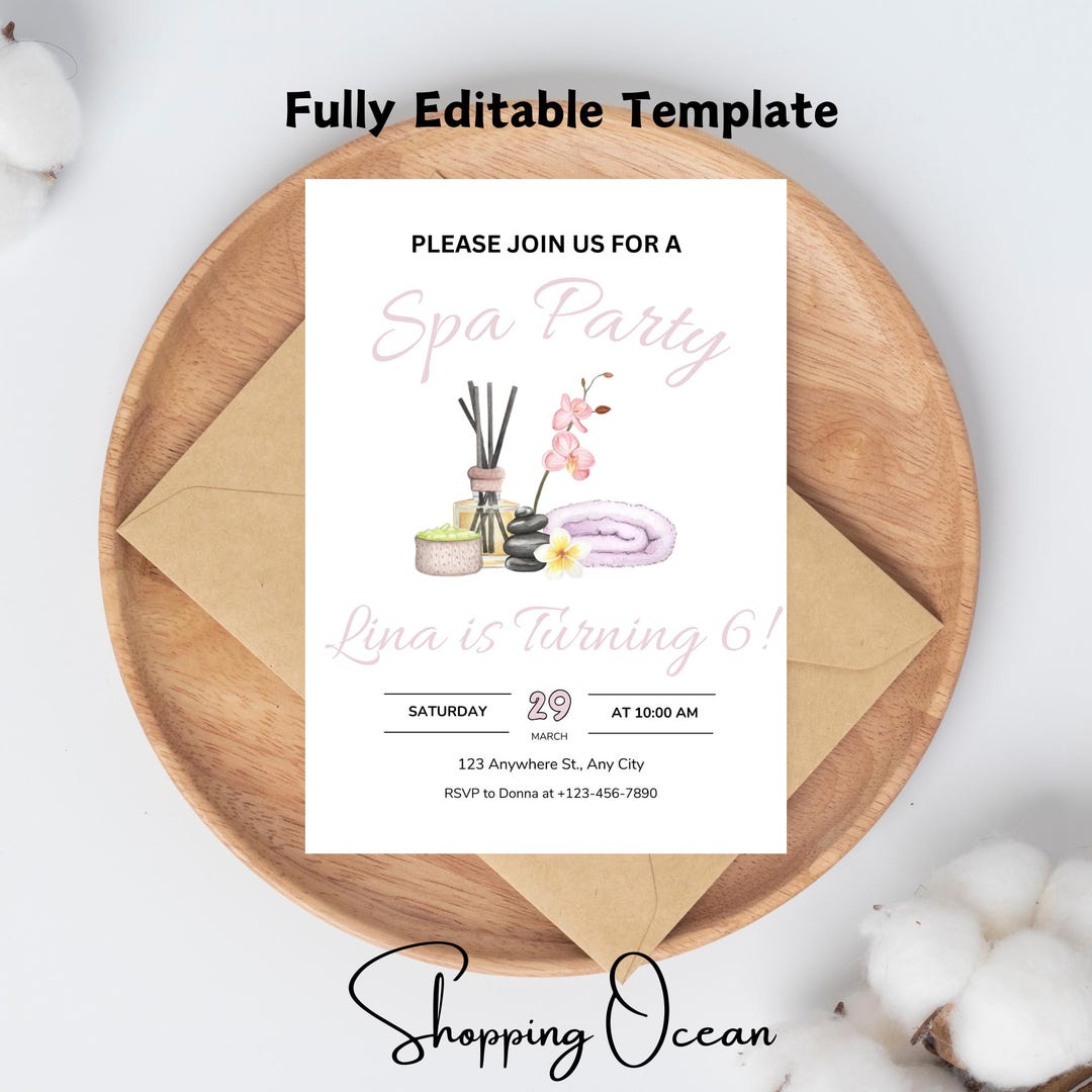 Spa Party Birthday Invitation Template Printable, Spa Party Birthday ...