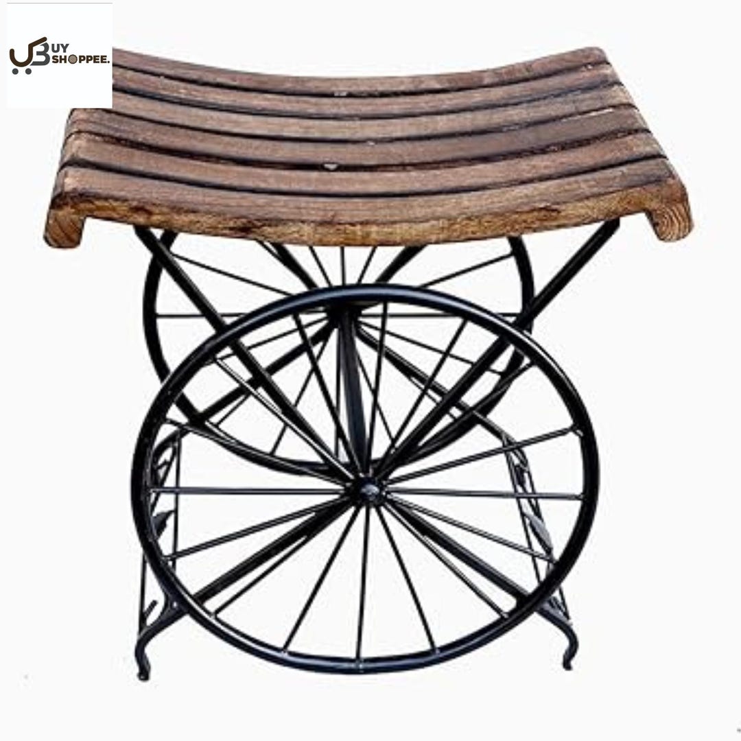 Wrought Iron Base Sitting Stool With Wooden Top antique Wheel Design ...