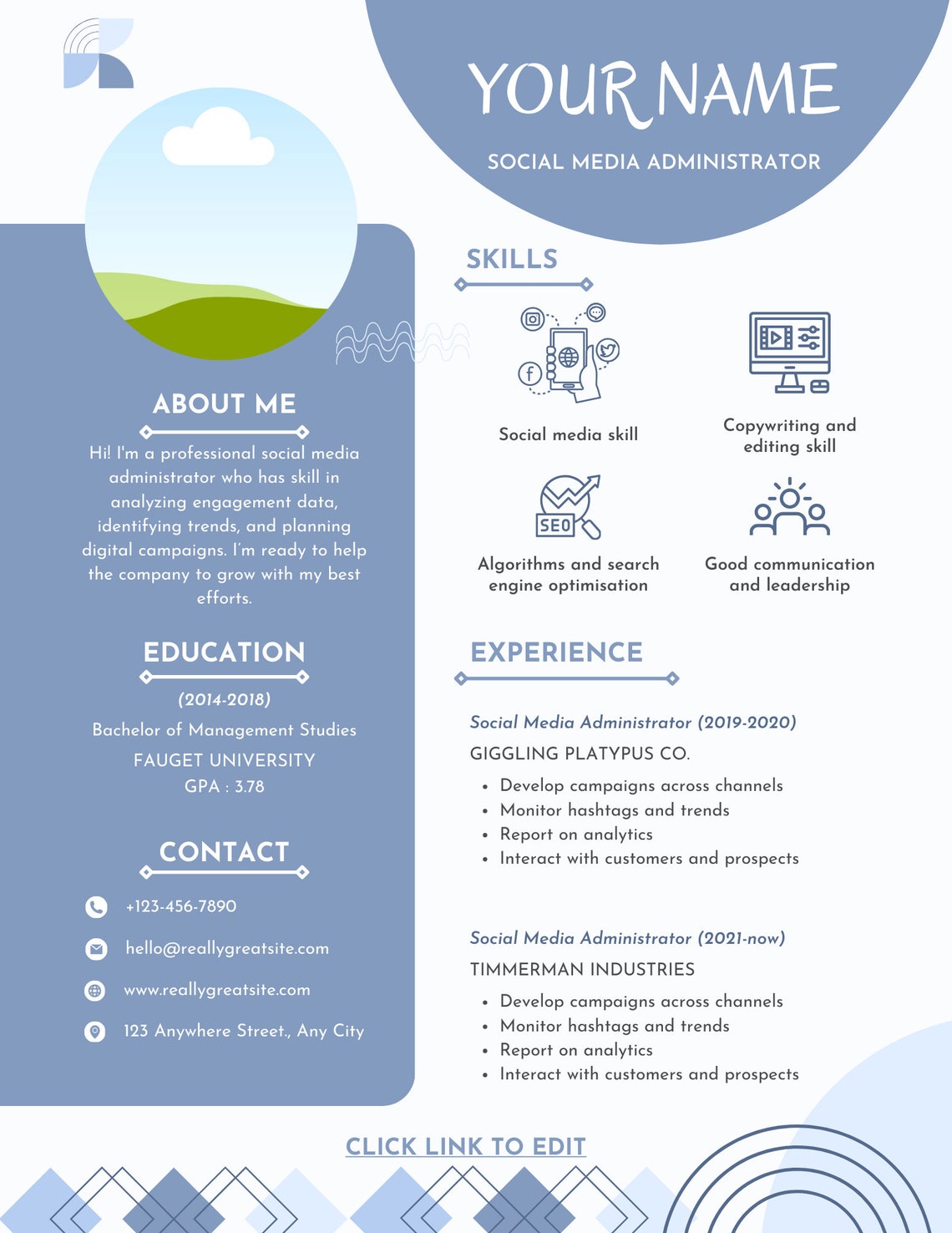 Light Blue Colored Resume Template, Best CV Template, Instant Download ...