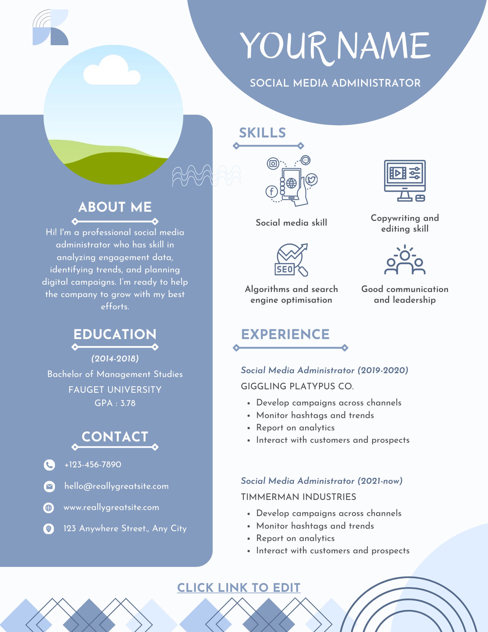 Light Blue Colored Resume Template, Best CV Template, Instant Download ...