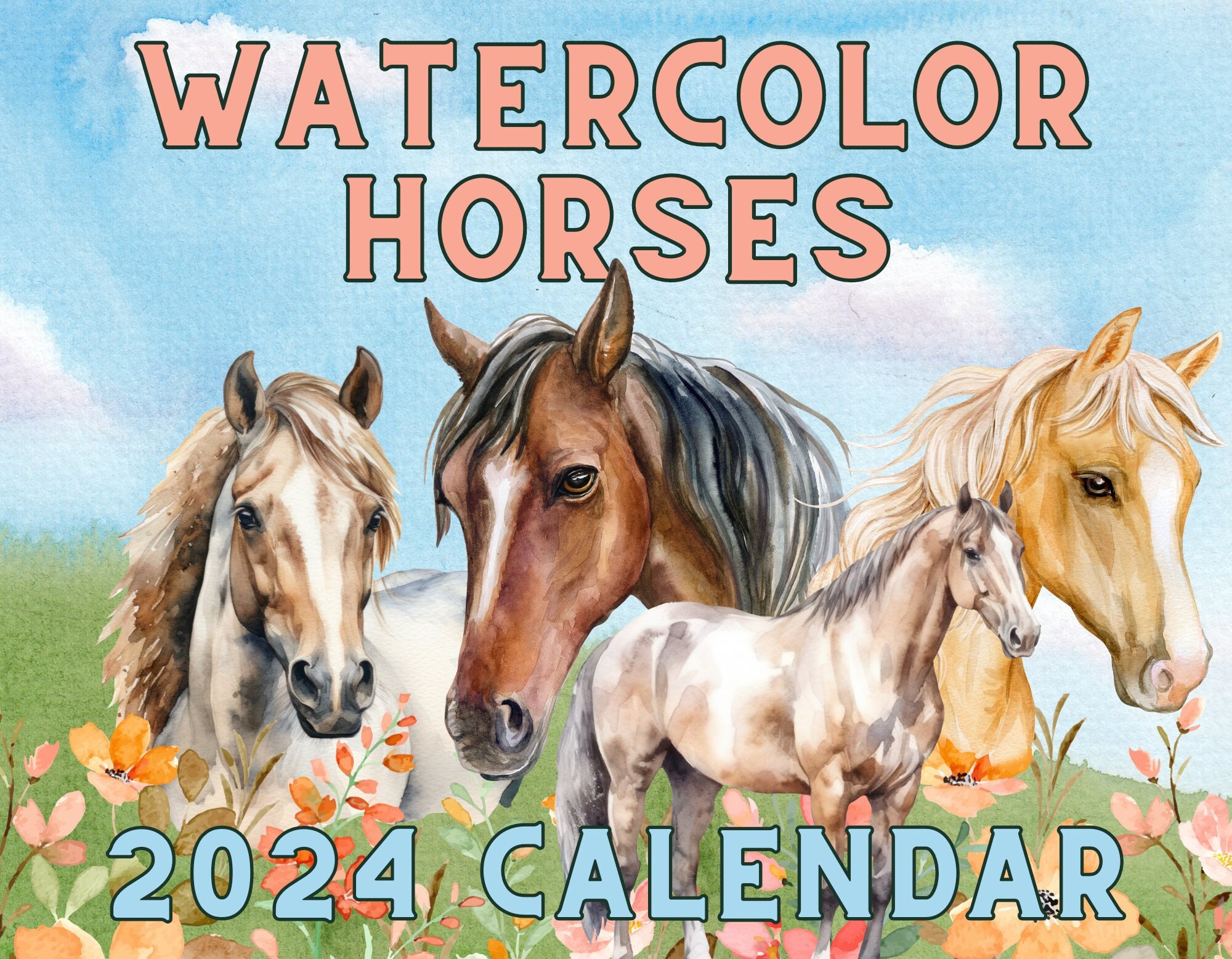 Horse Calendar 2024, Gift for Horse Lovers, Horses, Watercolor Horses ...