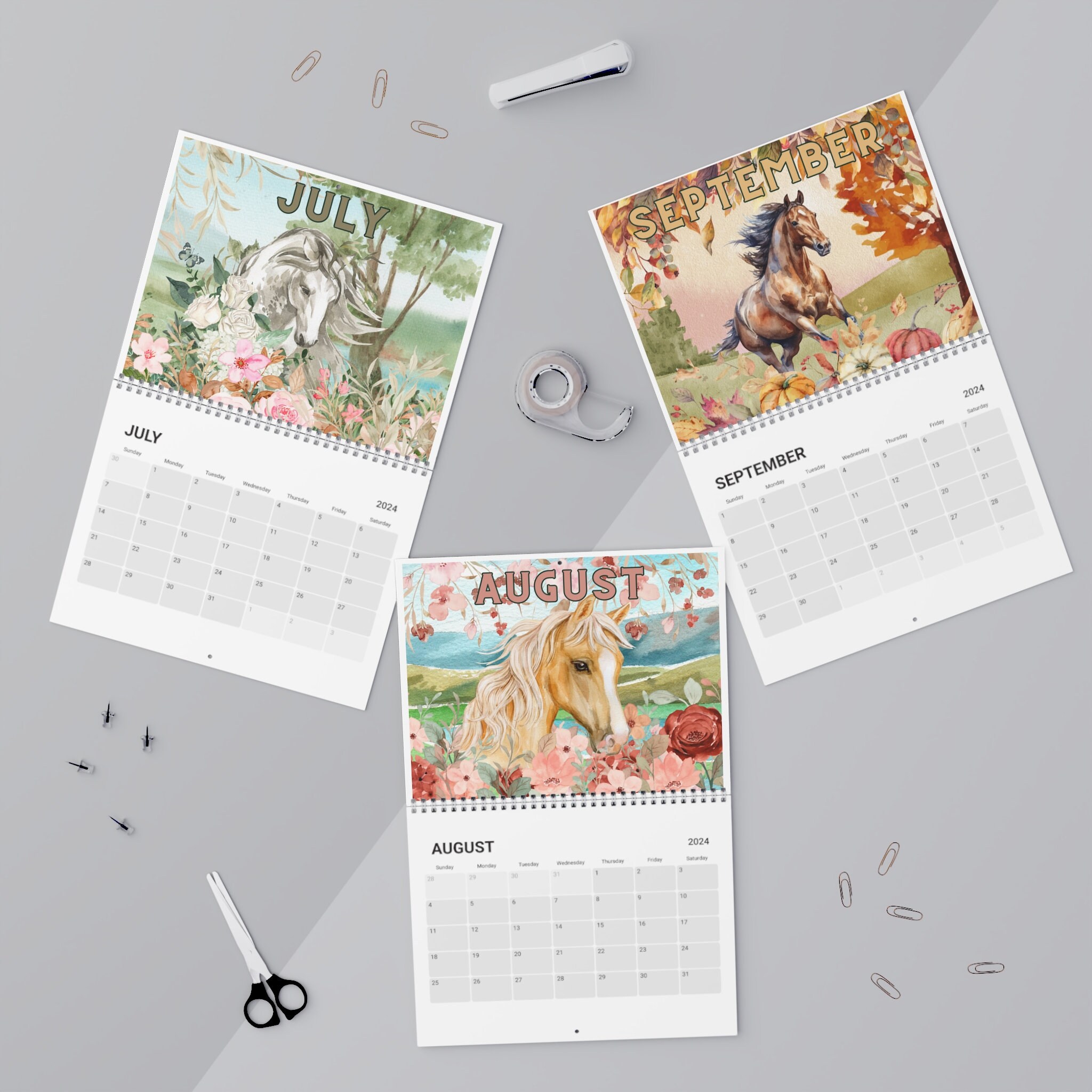 Horse Calendar 2024, Gift for Horse Lovers, Horses, Watercolor Horses ...