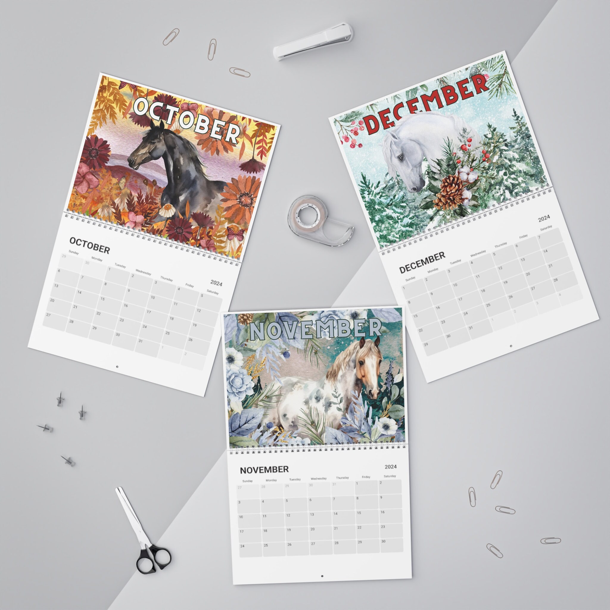 Horse Calendar 2024, Gift for Horse Lovers, Horses, Watercolor Horses ...