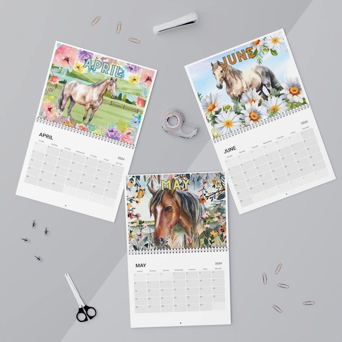 Horse Calendar 2024, Gift for Horse Lovers, Horses, Watercolor Horses ...