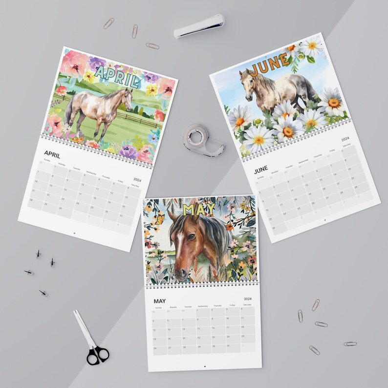 Horse Calendar 2024, Gift for Horse Lovers, Horses, Watercolor Horses ...