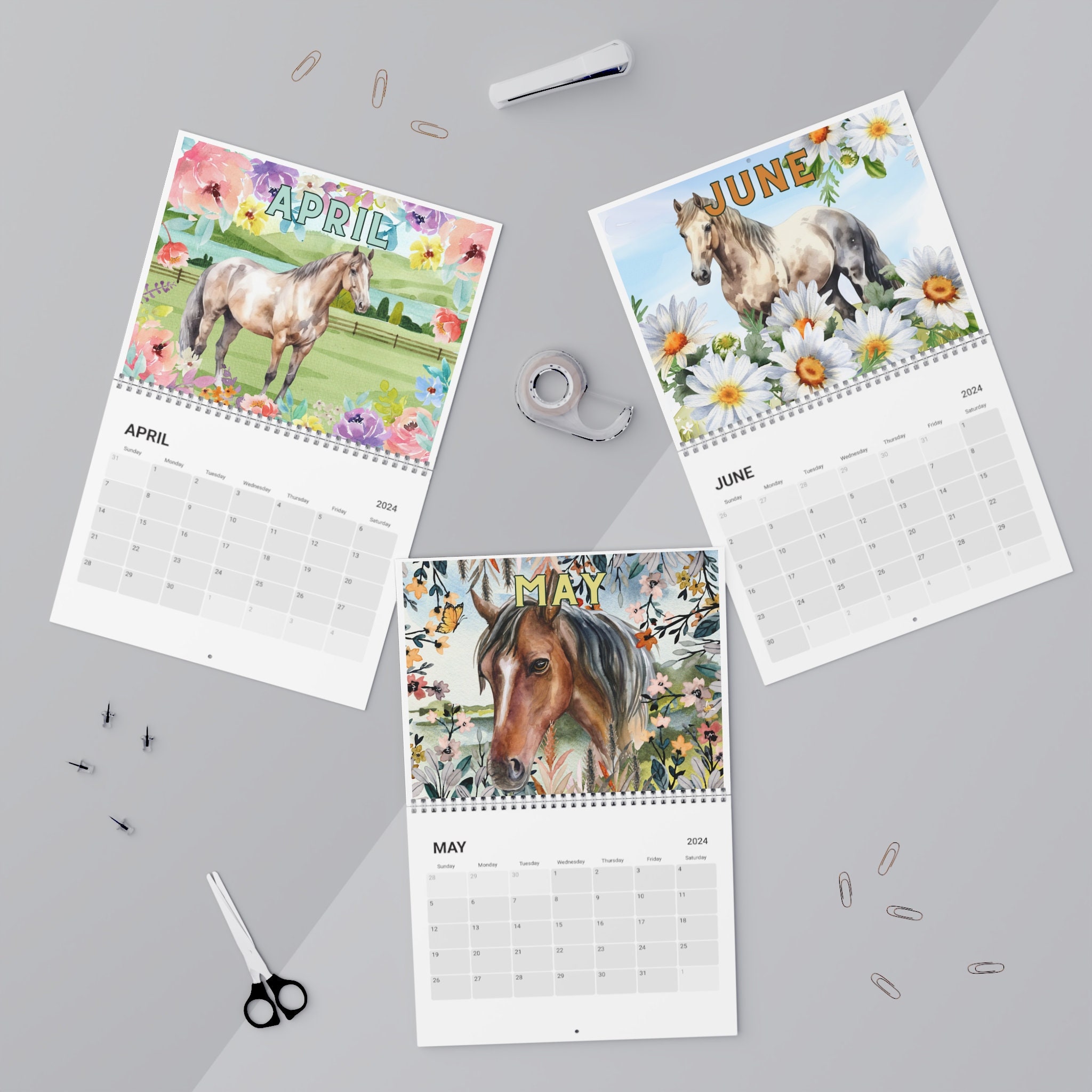 Horse Calendar 2024, Gift for Horse Lovers, Horses, Watercolor Horses ...