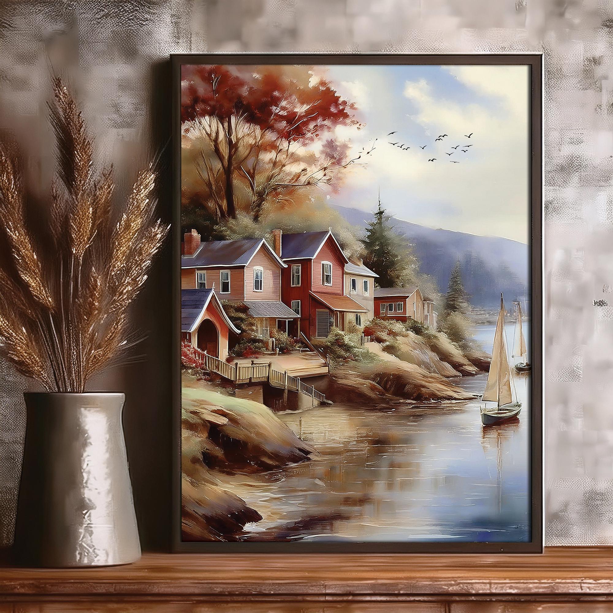 Watercolor Coastal Village Print: Seaside Cottage & Sailboat (digital ...