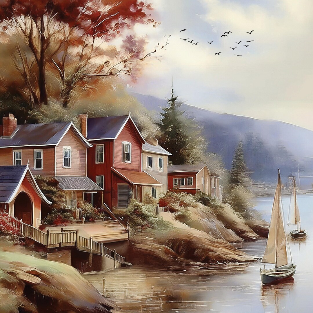 Watercolor Coastal Village Print: Seaside Cottage & Sailboat (digital ...