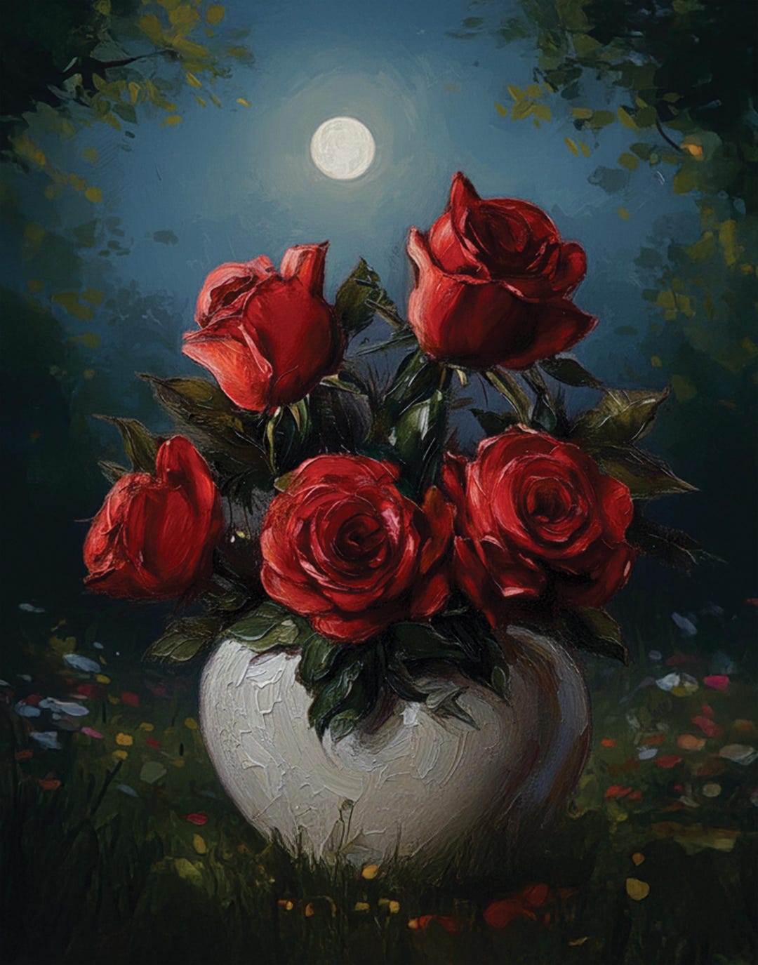 Moonlit Red Roses Printable Wall Art, Romantic Floral Night Poster ...