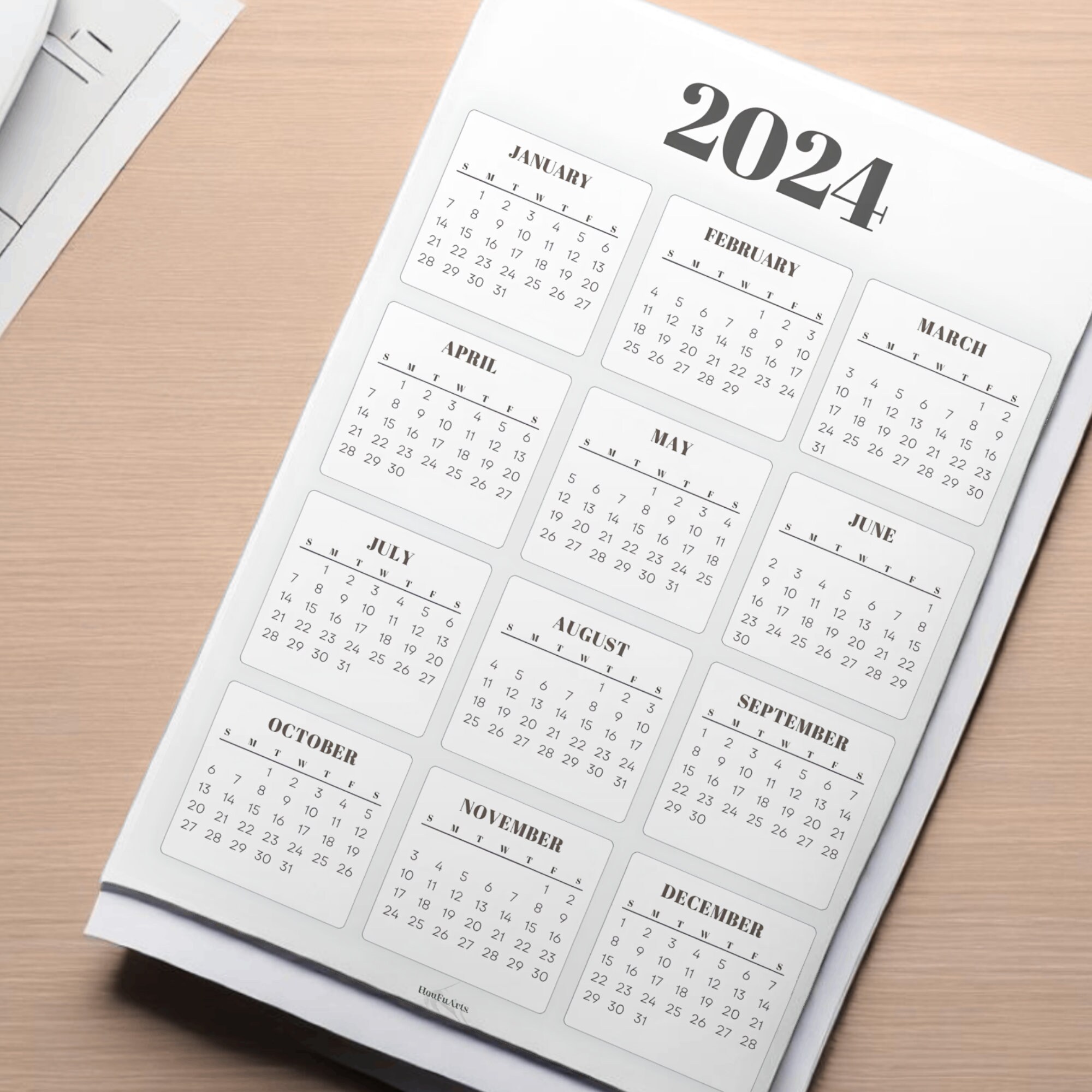 Printable 2024 Monthly Calendar Planner Sticker, 2024 Yearly Month ...