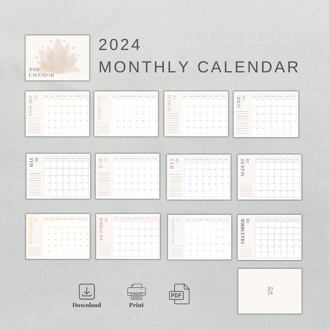 Printable Calendar 2024, Monthly Planner 2024, Horizontal US Letter ...