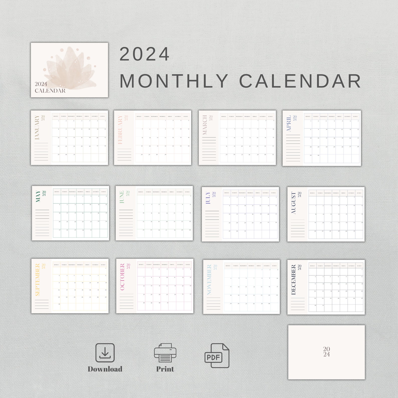 Printable Calendar 2024, Monthly Planner 2024, Horizontal US Letter ...