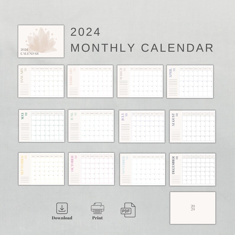 Printable Calendar 2024, Monthly Planner 2024, Horizontal US Letter ...