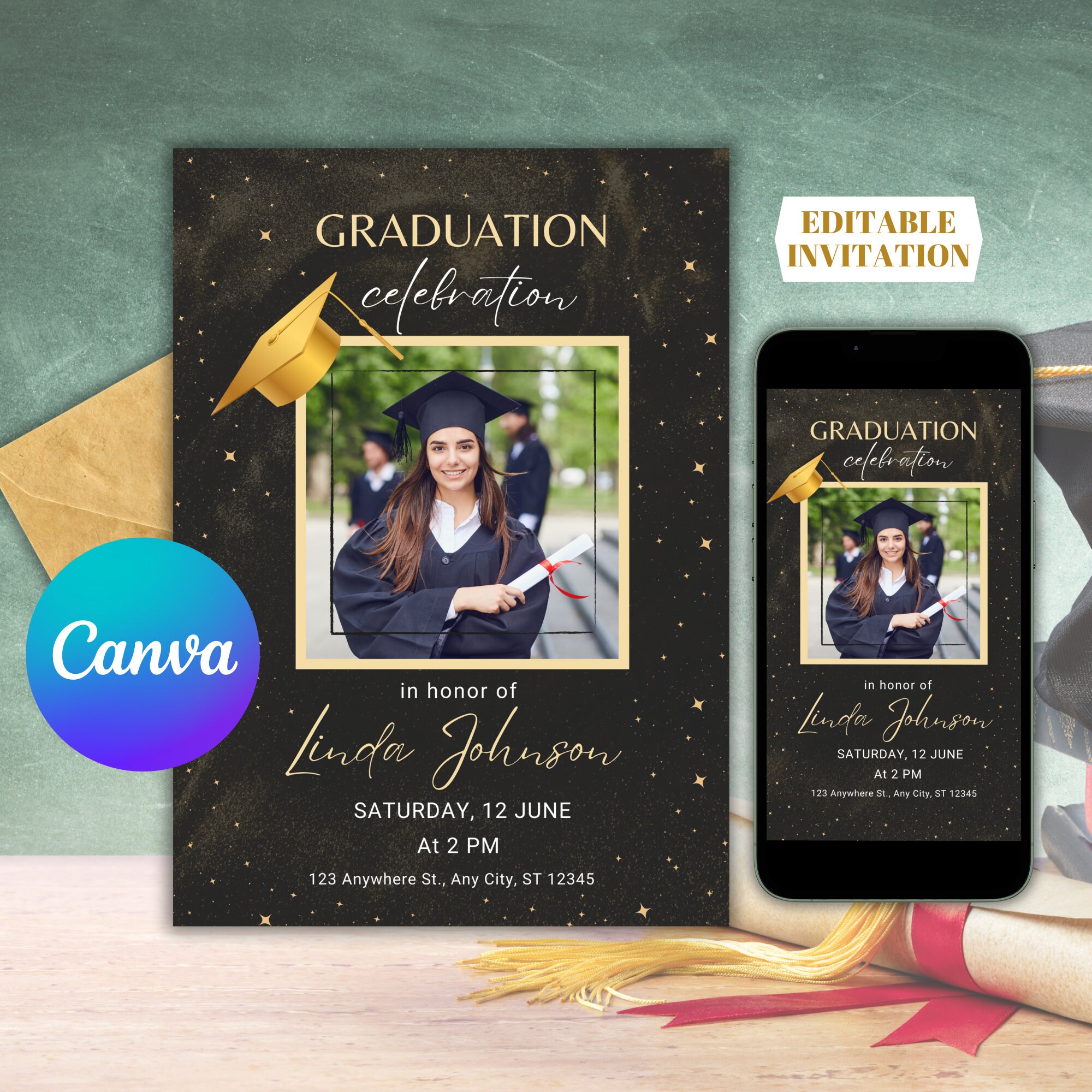 Editable Photo Graduation Invitation Template Canva Template for ...