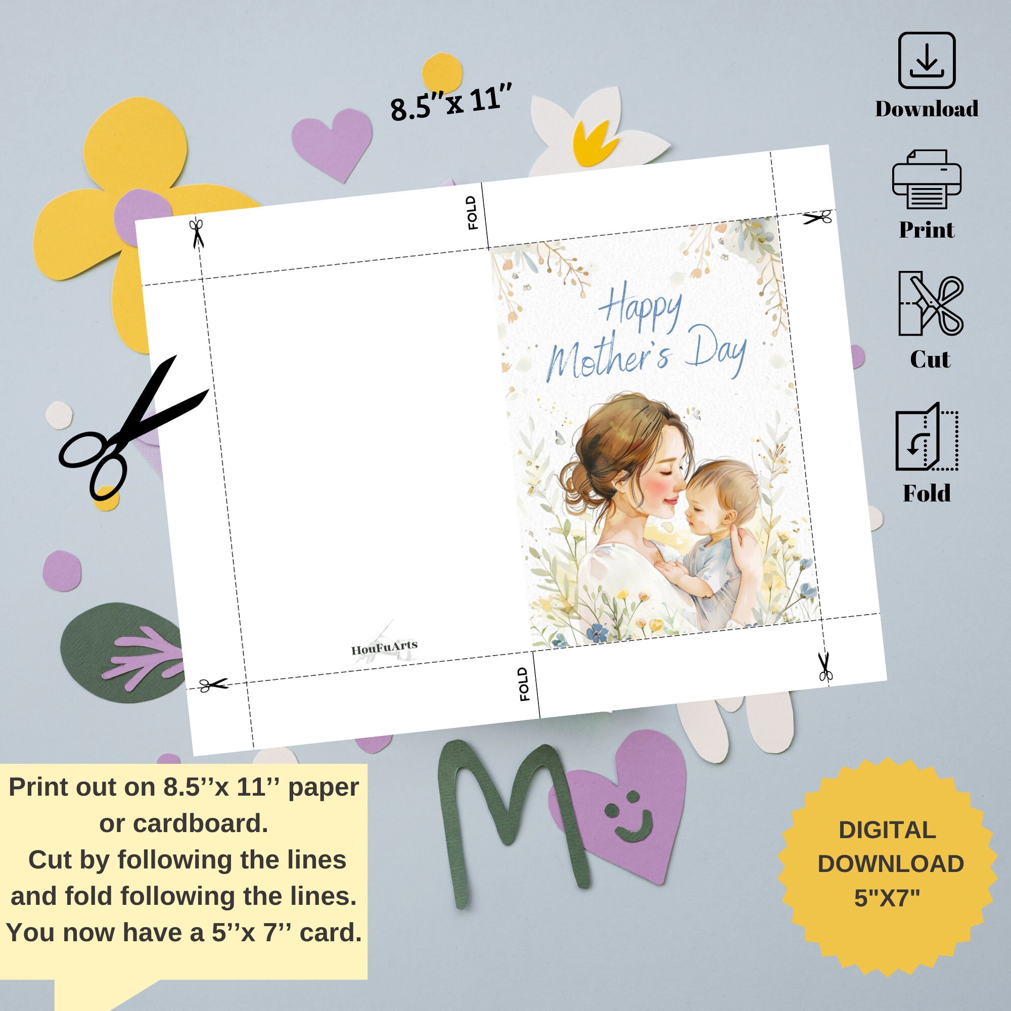 Printable Happy Mothers Day Card Mother's Day Digital Card Floral ...