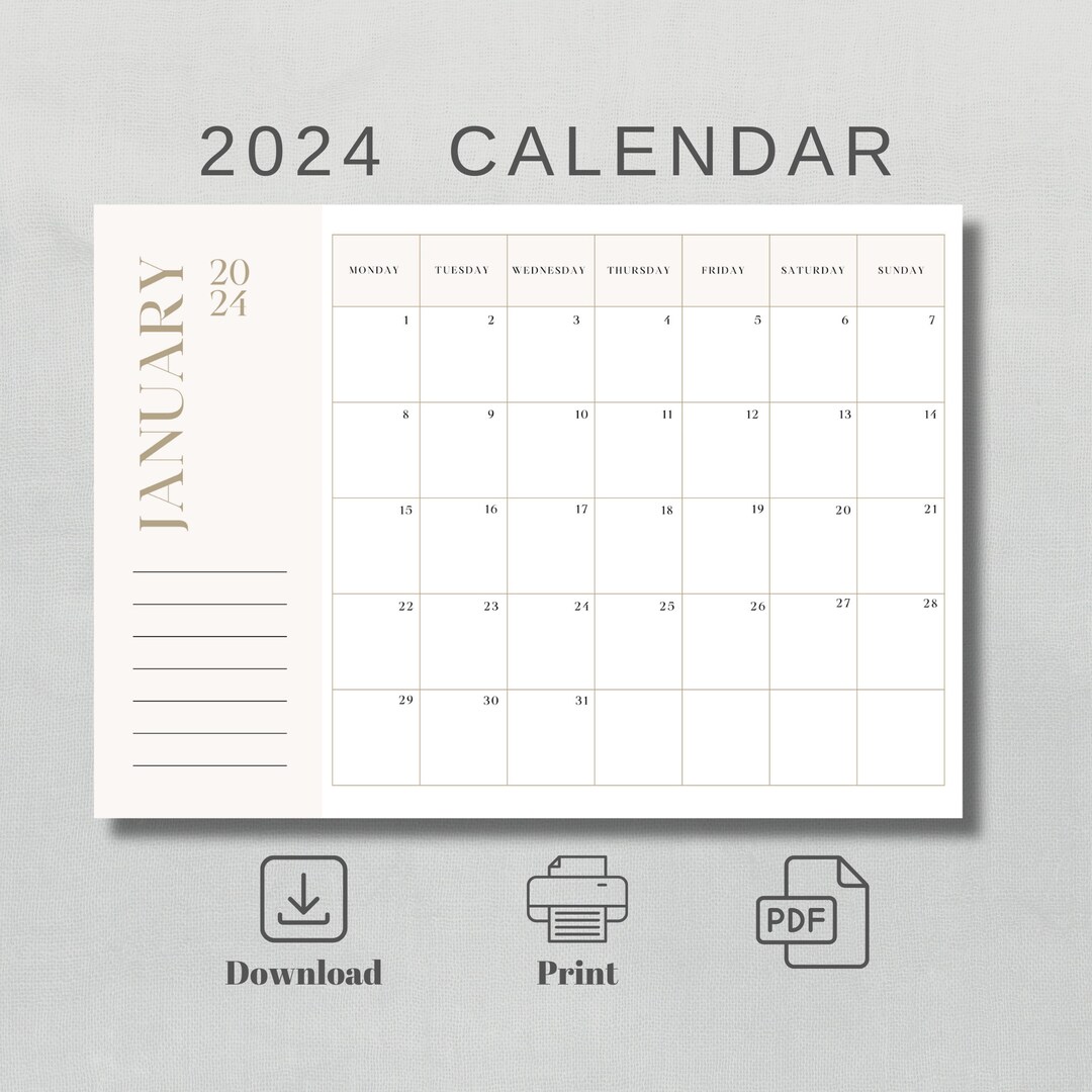 Printable Calendar 2024, Monthly Planner 2024, Horizontal US Letter ...