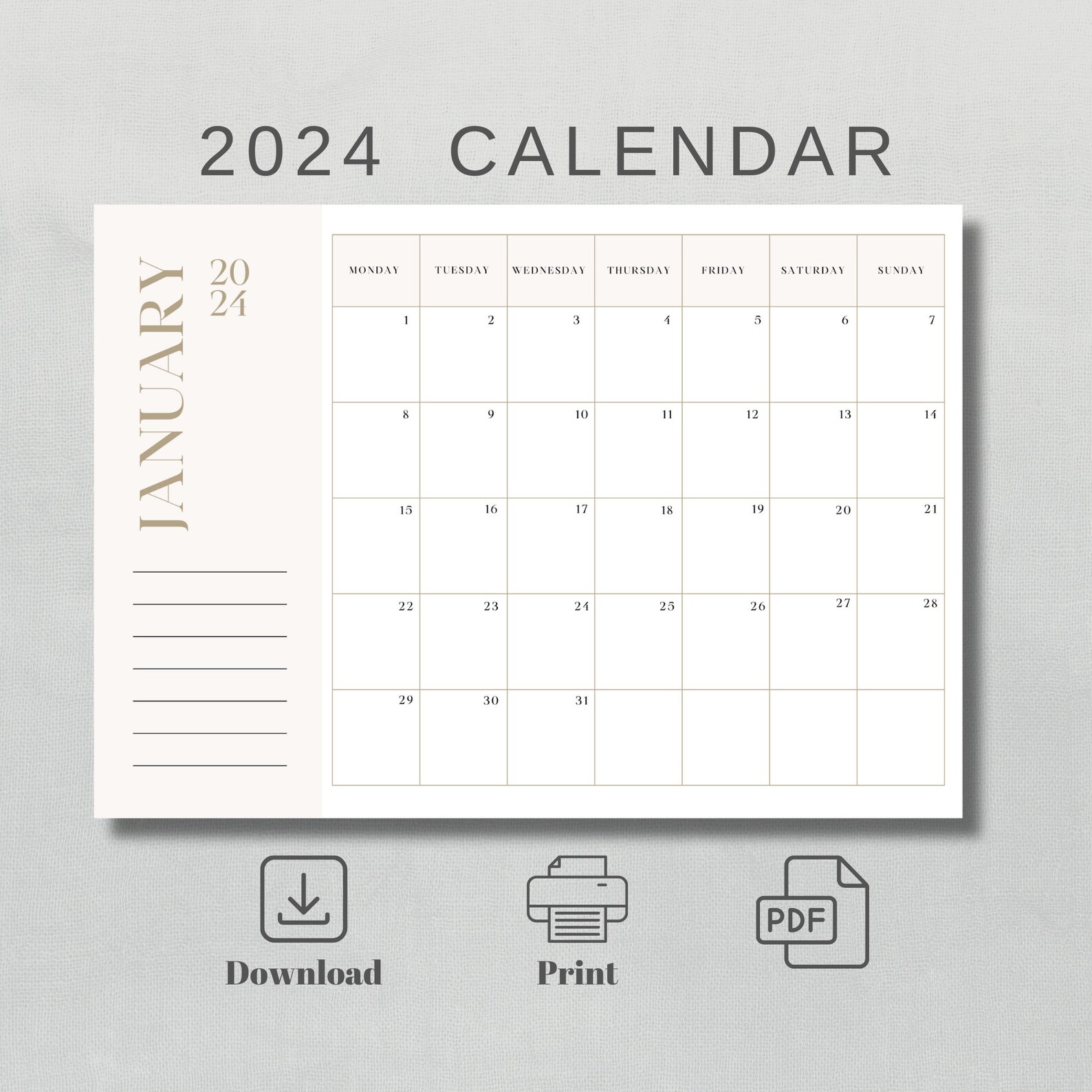 Printable Calendar 2024, Monthly Planner 2024, Horizontal US Letter ...