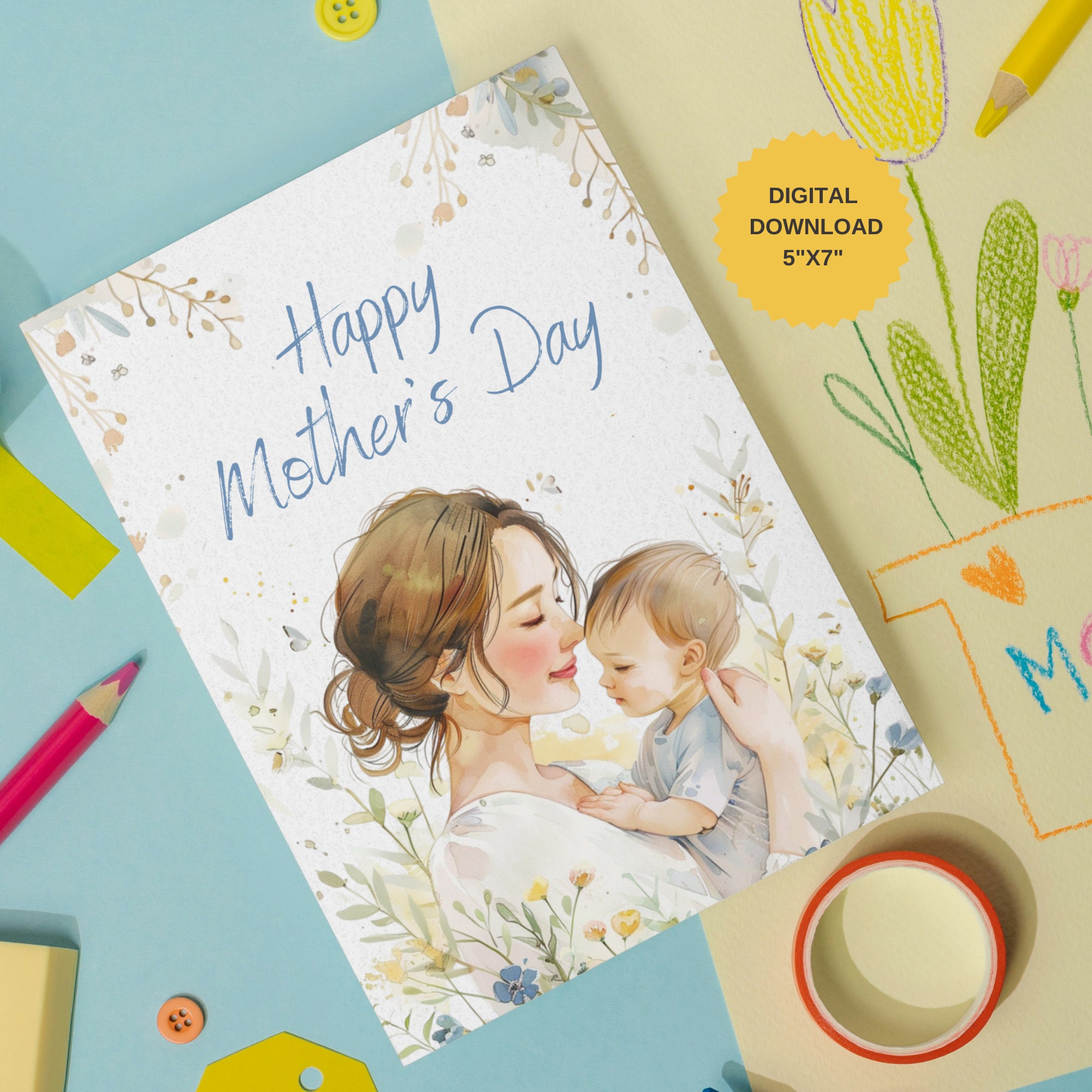 Printable Happy Mothers Day Card Mother's Day Digital Card Floral ...