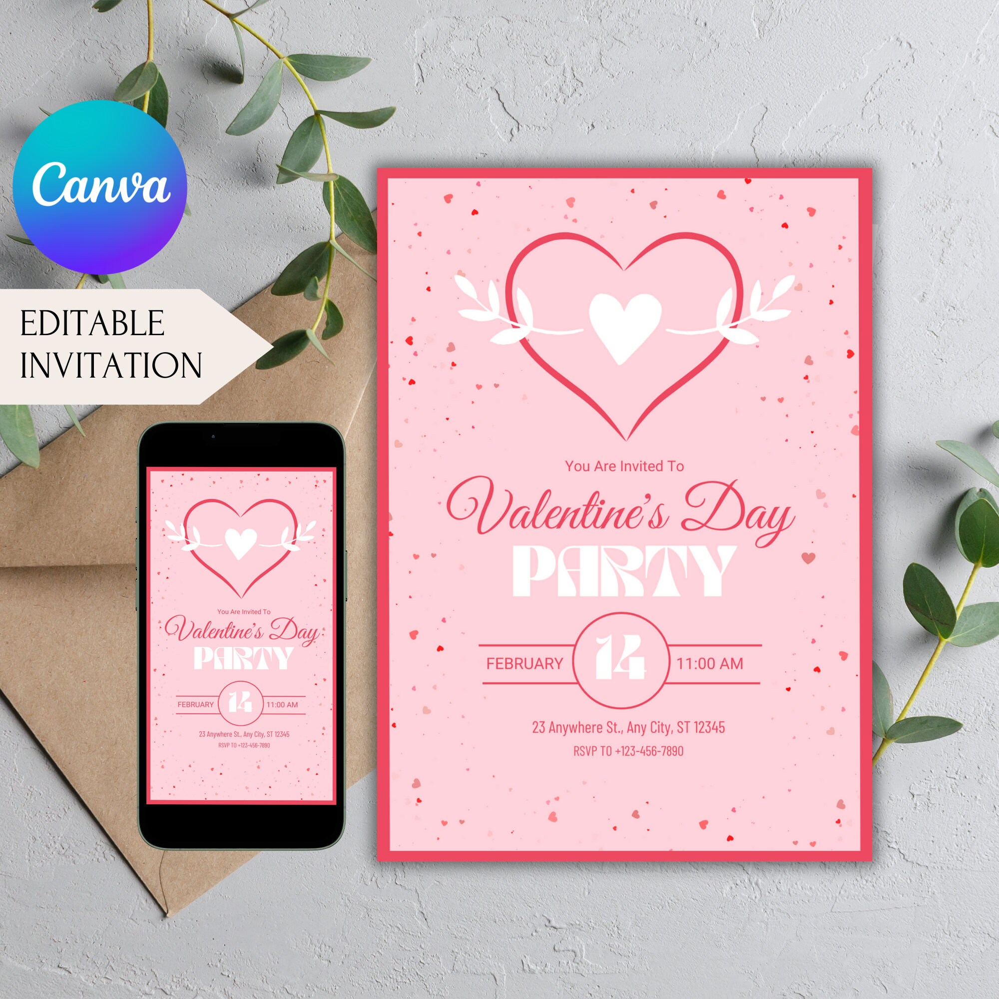 Editable Valentines Day Party Invitation With Heart Canva Template For