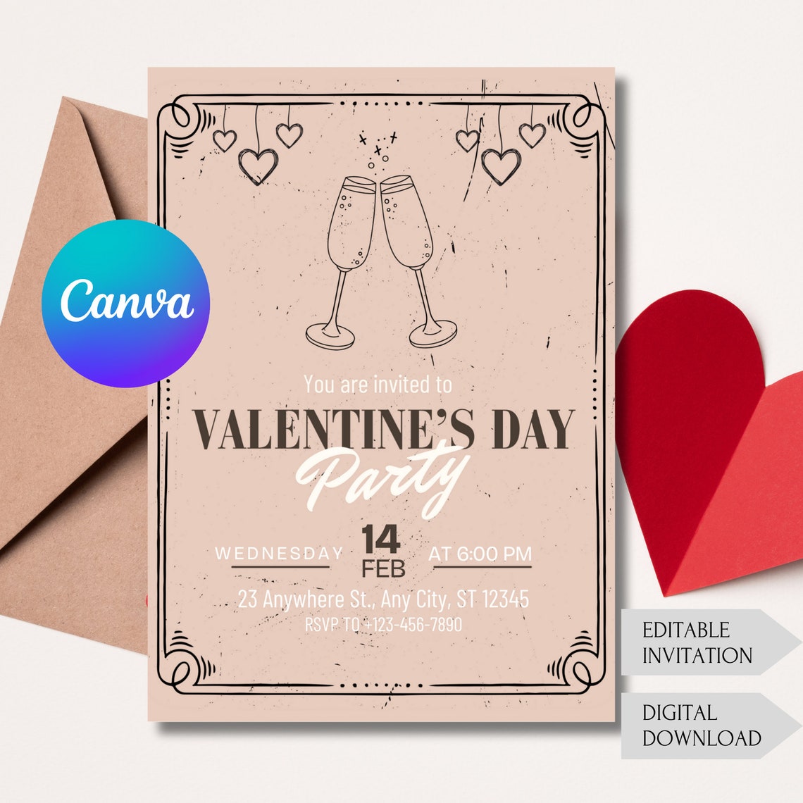 Editable Valentine's Day Party Invitation Vintage Design Invitation ...