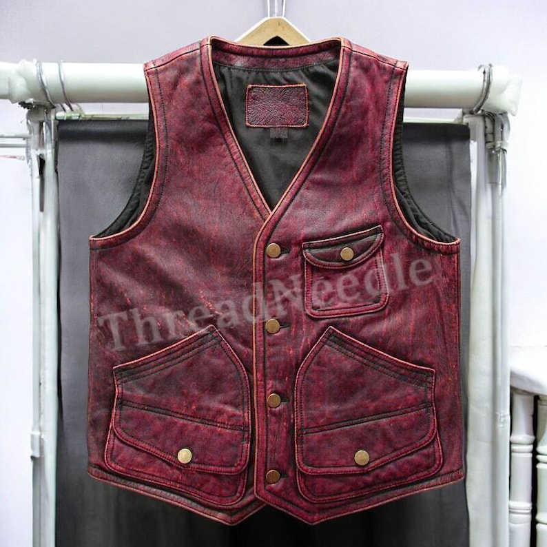 Men's Handmade Vintage Style Burgundy Red Leather Vest | Men Motorcycle ...