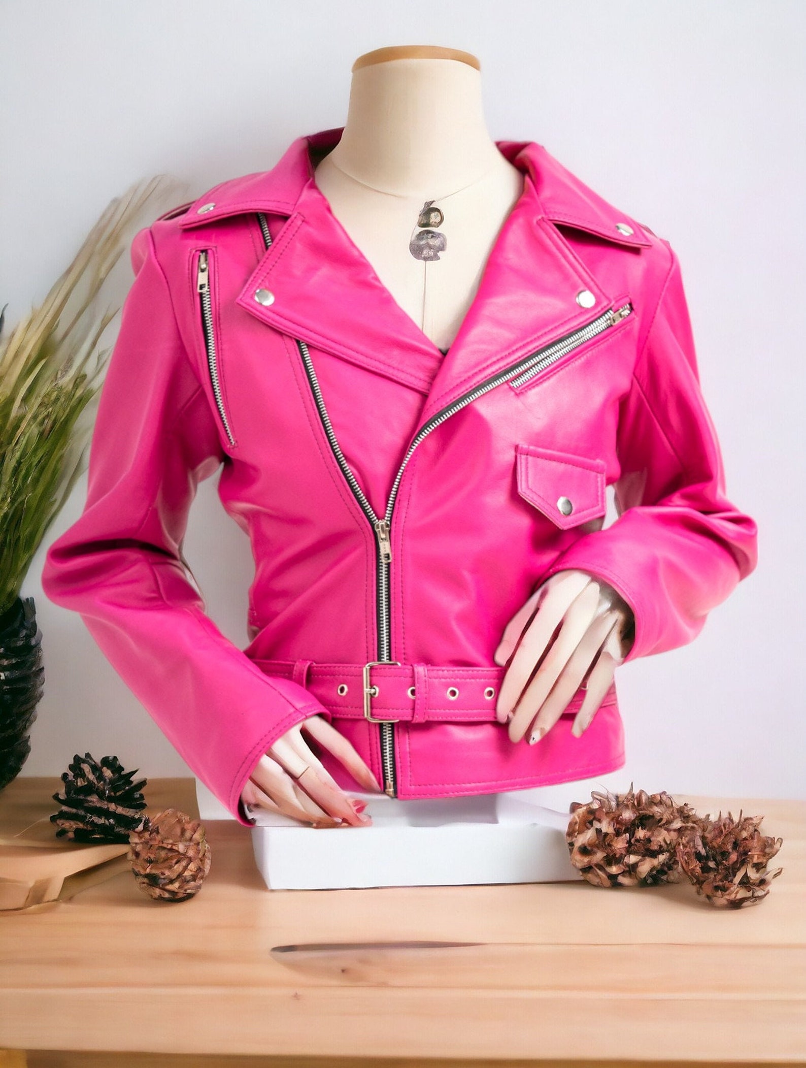 Women Slim Fit Pink Leather Jacket | Women's Biker Motorcycle Jacket ...