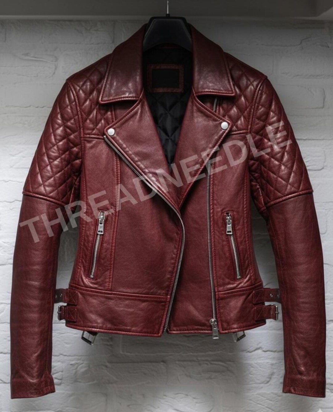Men's Burgundy Red Leather Motorcycle Jacket: Diamond Quilted, Vintage ...